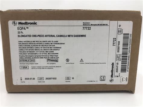 Medtronic 77722 Eopa Elongated One Piece Arterial Cannula W Guidewire