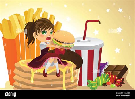 A Vector Illustration Of A Girl Eating Junk Food Stock Vector Image And Art Alamy