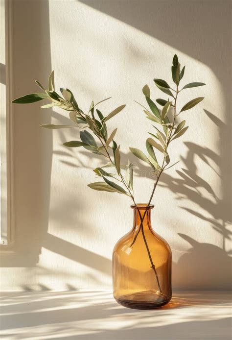 Elegant Olive Branches In Amber Glass Bottle Casting Shadows On Wall