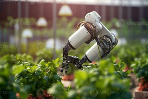 Robotic Arm In Action On A High Tech Agriculture Farm Concept Precision Planting And Harvesting