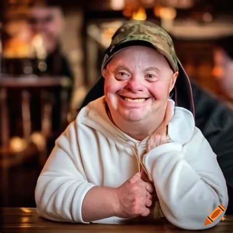 Smiling Man With Downs Syndrome Wearing A Camo Cap And White Hoodie At