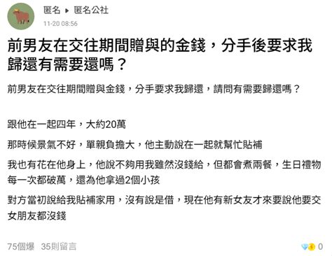 交往4年「男友貼補20萬」！分手後竟要求還錢 她無奈：該還嗎？ Enews新聞網