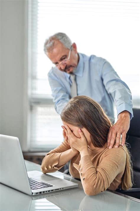 Harassment With A Boss Touching The Arm To His Secretary Who Is Sitting