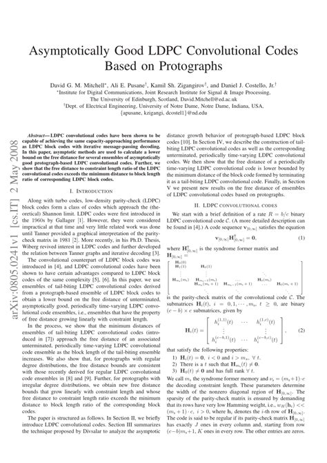 Pdf Asymptotically Good Ldpc Convolutional Codes Based On Protographs