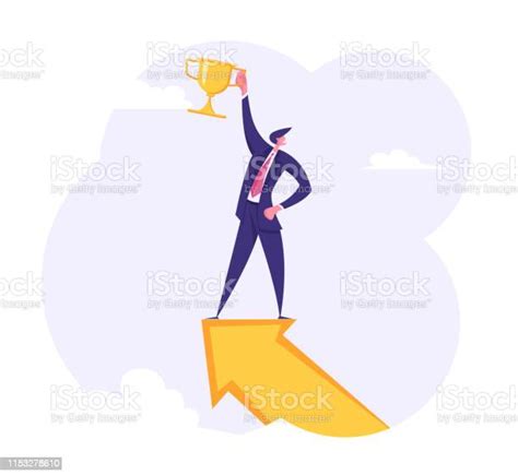 황금 상을 가진 큰 화살의 상단에 서 사업가 문자 리더십 목표 달성 비즈니스 성공 개념 남자 지도자 우승자 벡터 평면 그림