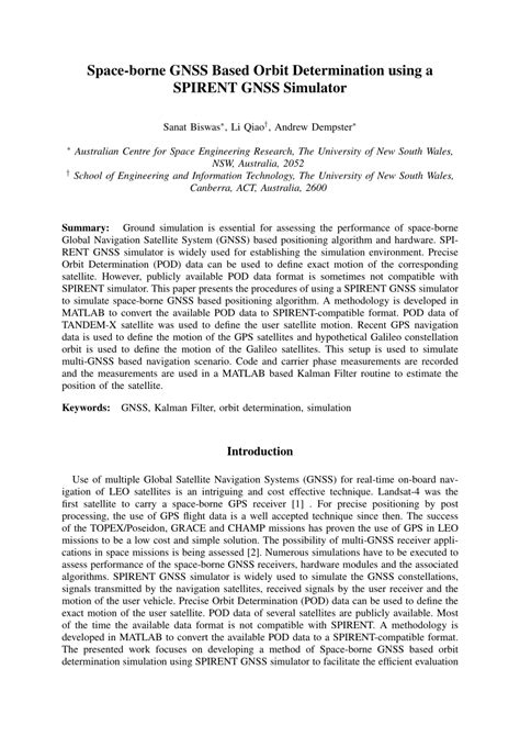 Pdf Space Borne Gnss Based Orbit Determination Using A Spirent Gnss Simulator