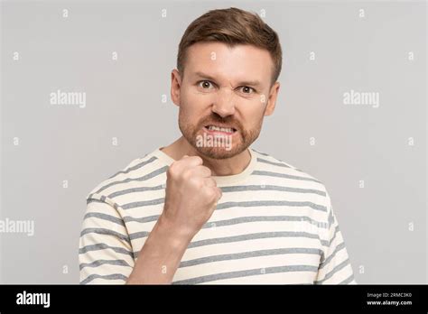 Angry Aggressive Middle Aged Man Clenched Fist Has Evil Face Looking At
