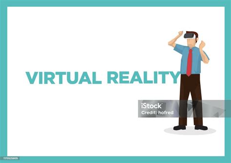 그의 옆에 텍스트 가상 현실과 Vr 헤드셋을 사용하는 사업가 격리된 벡터 그림입니다 Brand Name Video Game에
