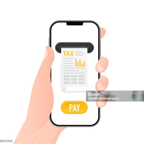 세금을 납부하는 휴대 전화 스마트 폰을 들고 있습니다 모바일 결제 서비스 정부 주세 세금 양식 유틸리티 은행 레스토랑 및 기타 세금 지불 벡터 일러스트 레이 션 3차원