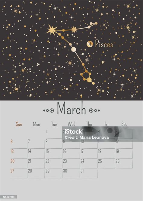 벡터 수직 2022 달력 검은 배경에 황금 조디악 별자리와 별 A3 별자리 물고기자리 기호와 A2 포스터 1개월의 날짜를 가진 플래너 3월에 대한 스톡 벡터 아트 및 기타