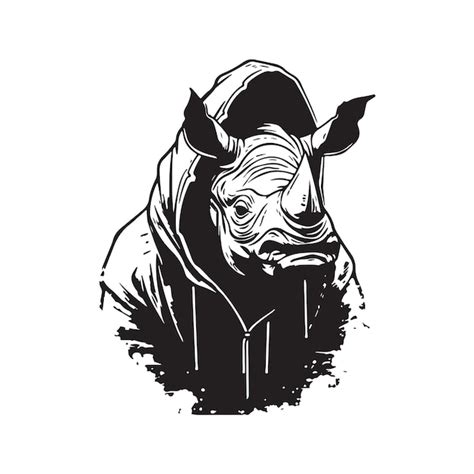 Rinoceronte Vestindo Capuz Logotipo Vintage Conceito De Arte De Linha