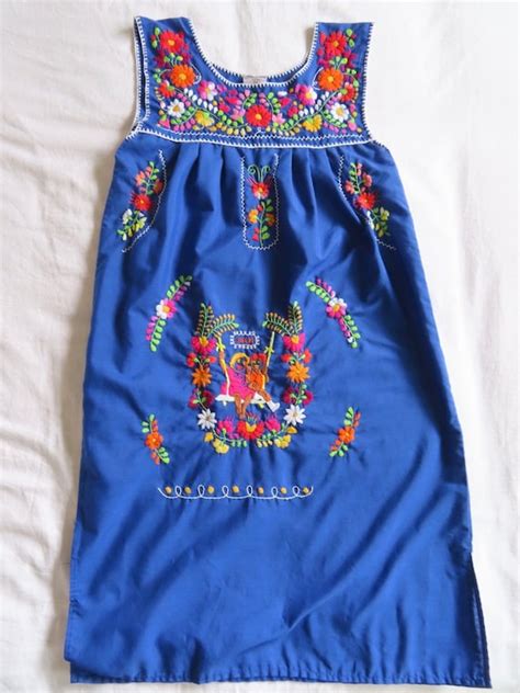 1970s Embroidered Dress Mexican Floral Person Figural Gem