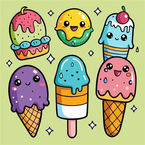 Illustration Of Six Cute Ice Creams Including One Popsicle With Smiley