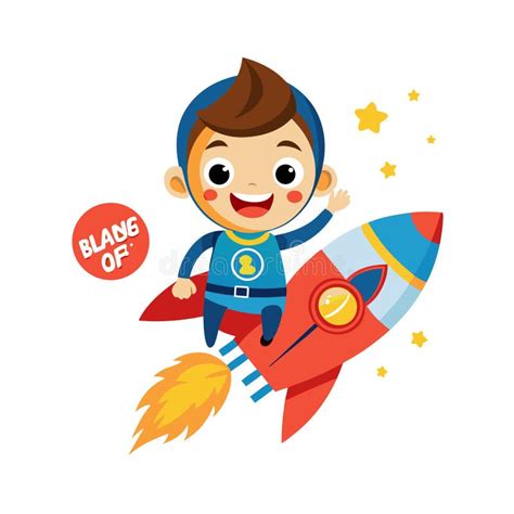 Cartoon Superhero Boy Riding Rocket Ship Launching Into Space With