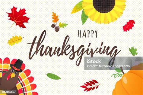 터키 텍스트 단풍 해바라기 옥수수와 호박 행복 한 추수 감사절 플랫 스타일 디자인 포스터 벡터 일러스트 모자와 색깔의 깃털 터키