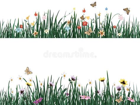 Grass With Flowers And Butterflies Vector Illustration Stock Vector