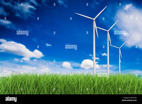 D Rendering Wind Turbines In Grass Field Stock Photo Alamy