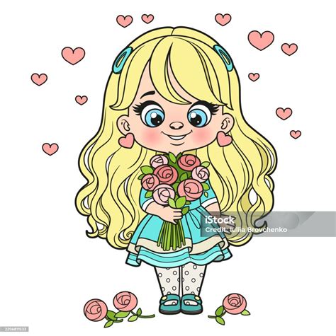 귀여운 만화 긴 머리 소녀 손에 장미의 큰 꽃다발을 가진 흰색 배경에 색칠 공부 페이지에 대 한 색상 변형 귀여운에 대한 스톡 벡터 아트 및 기타 이미지 Istock