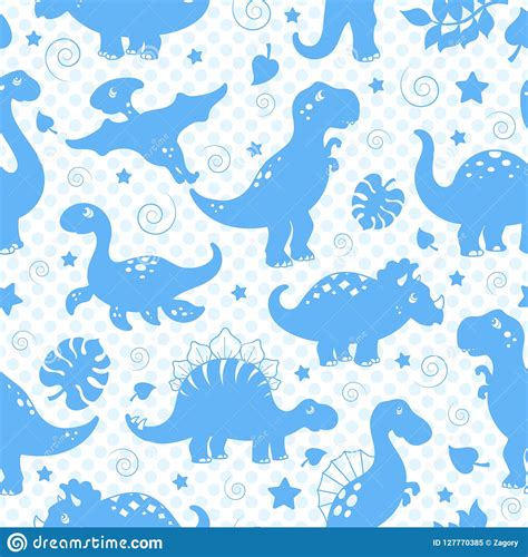 De Naadloze Illustratie Met Dinosaurussen En Bladeren Blauw