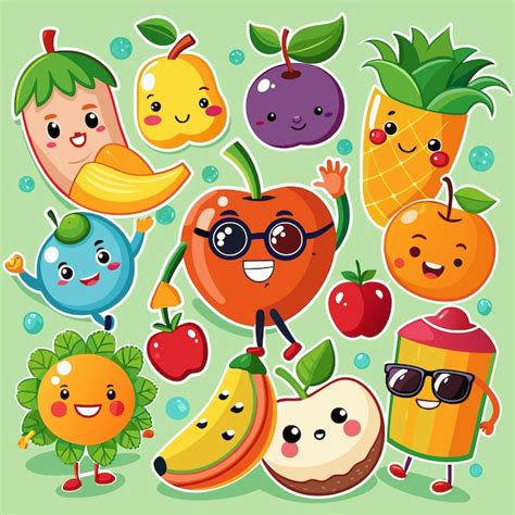 Personagens De Frutas De Desenho Animado Bonitos Rostos Sorridente Vetor Premium Gerado IA
