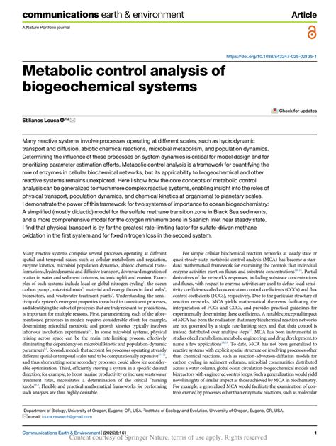 Pdf Metabolic Control Analysis Of Biogeochemical Systems