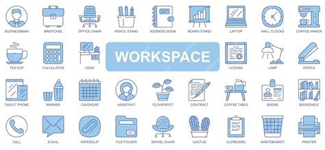 Premium Vector Workspace Icons Set In Duotone Outline Stroke Design For Web Pack Pictograms Of