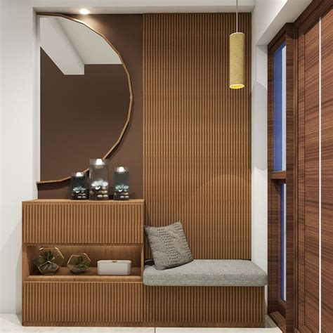 Brown Modern Compact Foyer Design Idea With Semi Circular Mirror Livspace