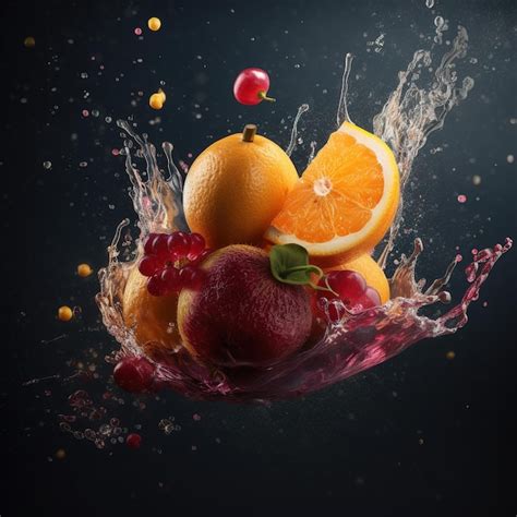 Premium Ai Image Fruits Explosion With Water Splash Black Background