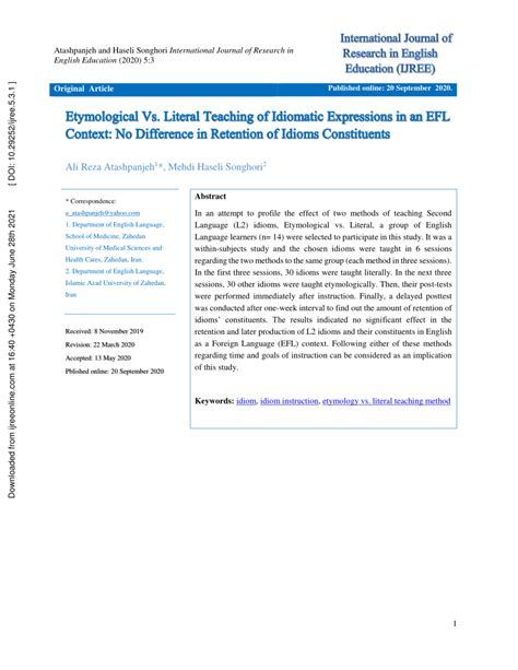Pdf Etymological Vs Literal Teaching Of Idiomatic Expressions In An Efl Context No