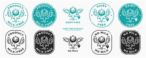 제품 포장을 위한 개념 라벨링은 유제품이 없는 제품입니다 우유 방울과 날개를 가진 젖소 우더 성분에서 자유의 상징 벡터 집합입니다 0에 대한 스톡 벡터 아트 및 기타 이미지