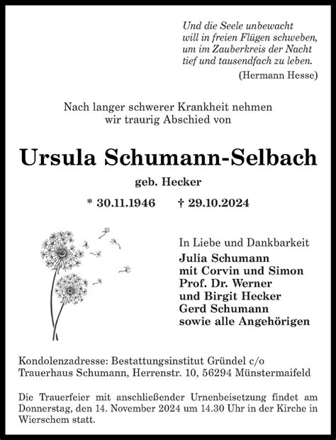 Traueranzeigen Von Ursula Schumann Selbach Rz Trauerde
