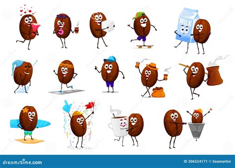 Cartoon Cheerful Happy Coffee Bean Characters Stock Illustration