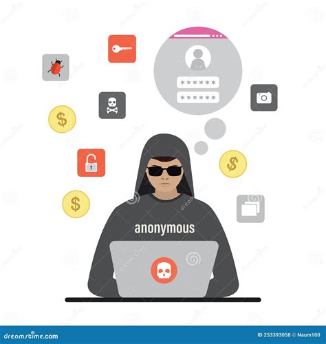 Cartoon Man At Workplace And Use Laptop Hacker At Work Anonymous Attacking Computer Network