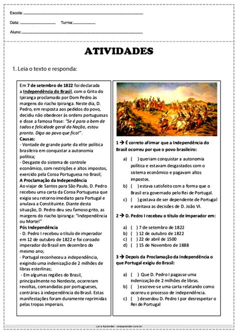 Atividades sobre a Independência do Brasil 5º Ano Atividades Educativas