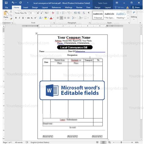 Local Conveyance Bill Format Editable Microsoft Word Docx Adobe