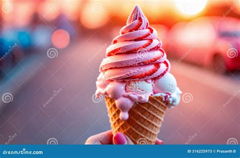 Female Hand Holding Strawberry Ice Cream Cone Stock Illustration