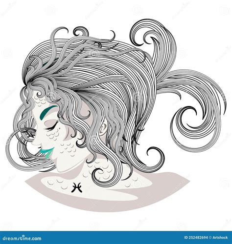Pisces Girl Portrait With Green And Blue Hair Zodiac Sign Vector