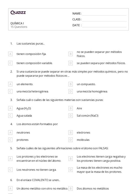átomos y moléculas hojas de trabajo para Grado en Quizizz Gratis e Imprimible