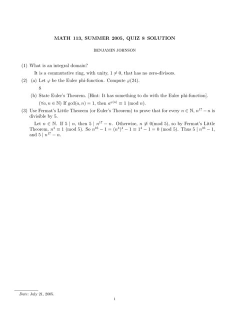 Introduction To Abstract Algebra Quiz 8 With Answers Math 113 Docsity