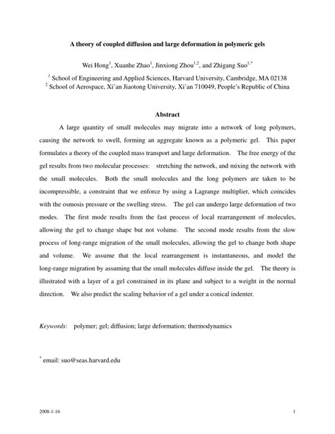 Pdf A Theory Of Coupled Diffusion And Large Deformation In Polymer Gels
