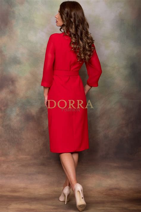 Rochie Cambrata Berta Rosie Cu Fusta Asimetrica Si Maneci Din Voal