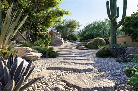 Desert Hardscaping Design With River Rock Cacti And Succulents