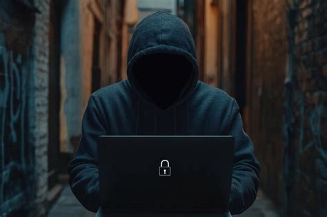Cybersecurity Expert In Hooded Jacket Working On Laptop Premium Ai