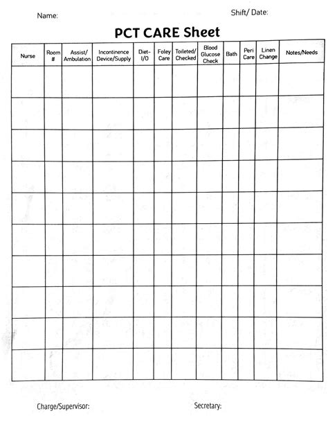 Simple And Efficient Pct Care Sheet All Inclusive Shift Organization And Documentation For Nurse