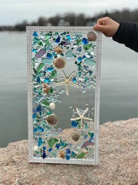 Beach Glass Coastal Window 21x 11 Mixed Media Sea Glass Mosaic