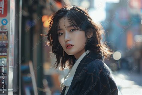 Beautiful Korean Girl Wearing Streetwear In Town On Bokeh Style