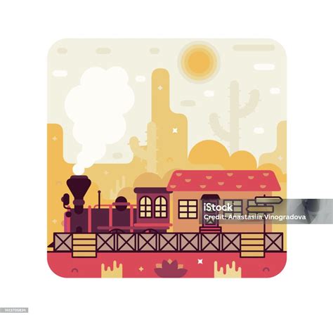오래된 빨간 기차가 기차역에 서 있습니다 와일드 웨스트 일러스트레이션 선인장과 여객 역이있는 사막 2차 도형에 대한 스톡 벡터 아트 및 기타 이미지 Istock