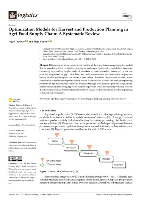 Pdf Optimization Models For Harvest And Production Planning In Agri Food Supply Chain A