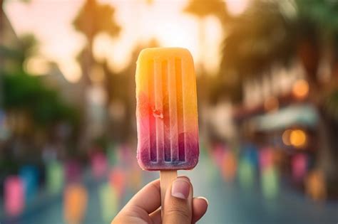 Premium Ai Image Closeup Of A Hand Holding A Colorful Popsicle
