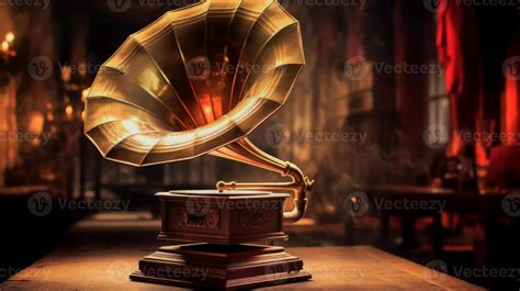 Ai Generated Gramophone With Golden Horn On Blurred Background Of